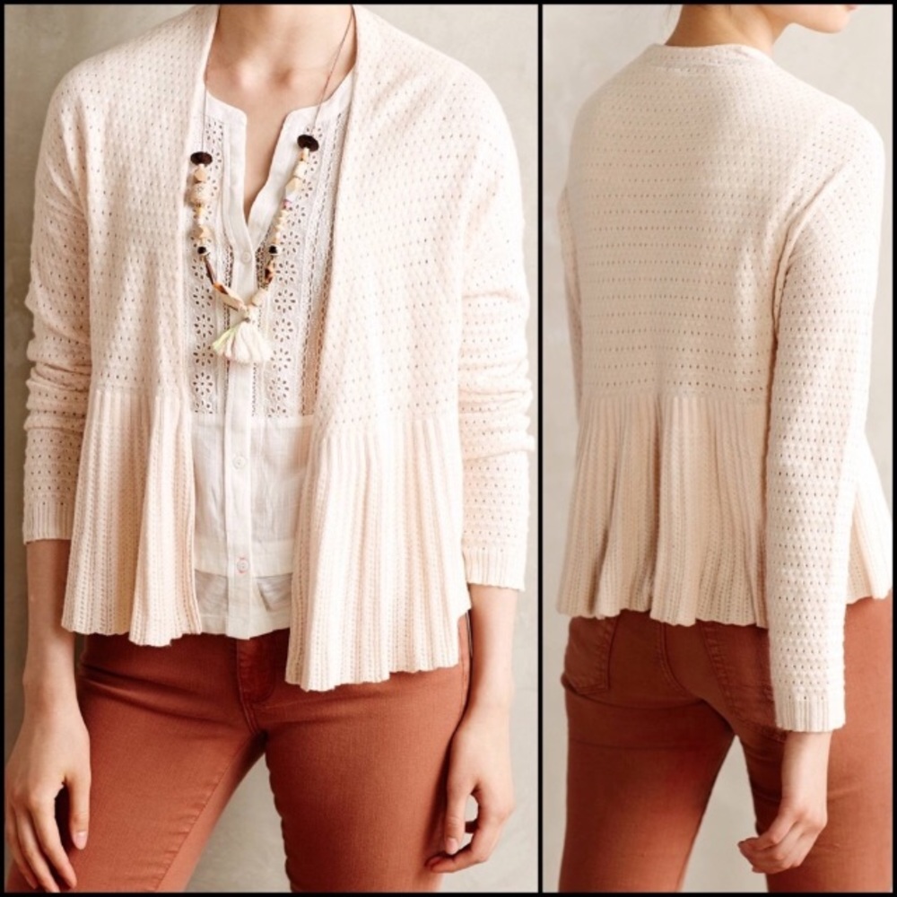Anthropologie Moth Cardigan Cream Pointelle Peplum - Gem